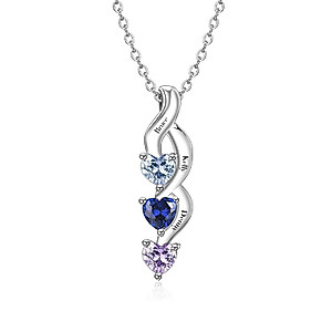 ORFAN Personalized Sterling Silver Mothers Name Necklace with 3 Simulated Birthstones Custom Heart Pendant Necklace Personalized Mom Necklace for Christmas (Silver)