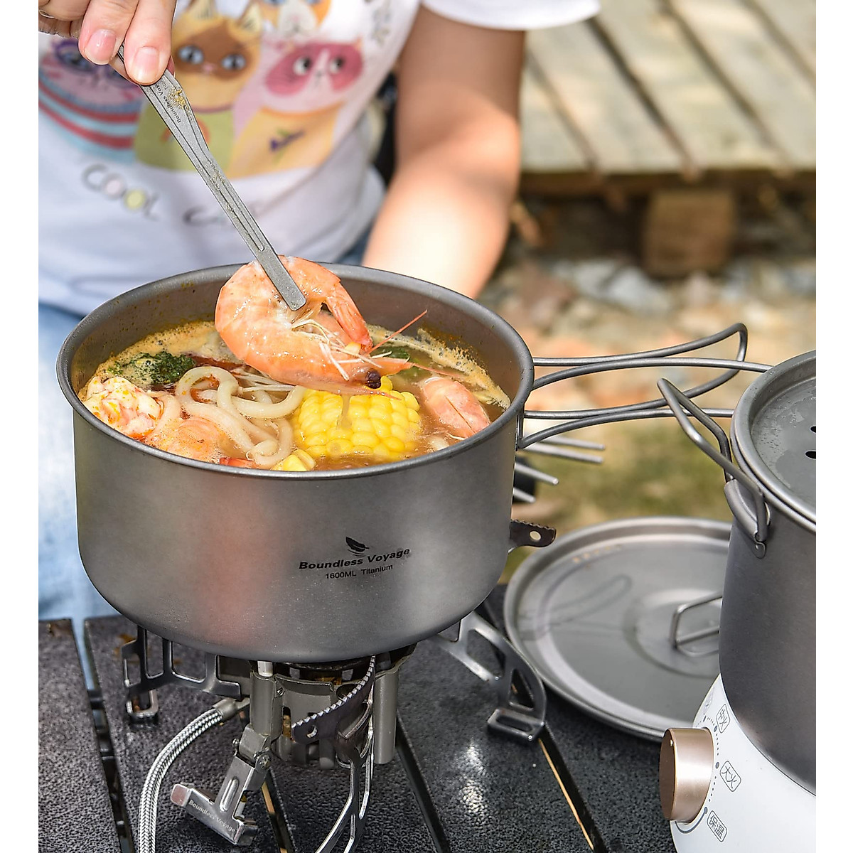 Boundless Voyage Camping Cookware Lightweight Cooking Pot Set Titanium Pot Portable for Outdoor Cooking Traveling Hiking Trekking Backpacking, 1-5 Person (107C-108C-29P)