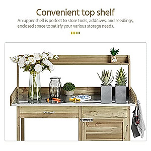 Yaheetech Outdoor Potting Bench Table, Garden Work Bench w/Metal Tabletop Work Station w/Cabinet Drawer, Open Top&Lower Shelf, Handy Hooks, ACQ Lumber Wood, Light Green