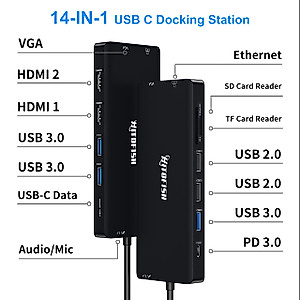 USB C Laptop Docking Station, 14 in 1 Type C Hub Multiport Adapter Dongle with 3 Monitors Compatible for Macbook/Dell/HP/Lenovo Laptops (Dual HDMI, VGA, PD, RJ45, SD/TF, USB C/A Ports, Mic/Audio)Black