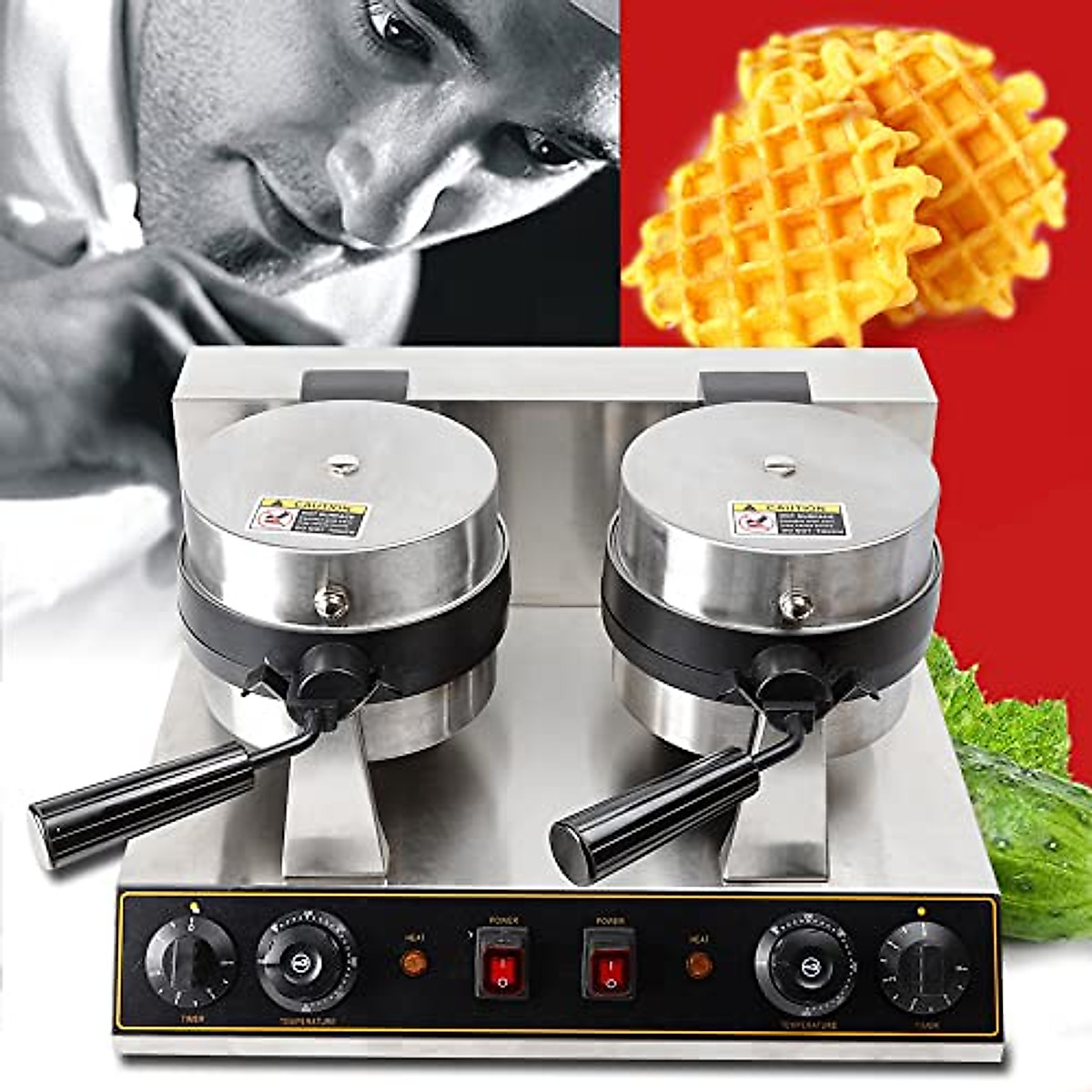 Commercial Dual-Head Rotating Non-Stick Round Belgian Waffle Maker - 1500W 7 Inch Stainless Steel Waffle Iron Machine for Restaurant or Bakery - Temperature and Time Control, 110V