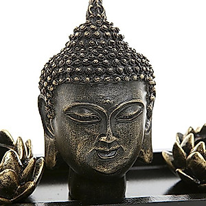 MyGift Black Buddha Head Sculpture Zen Garden Set w/Lotus Tealight Candle Holders & Wooden Display Tray