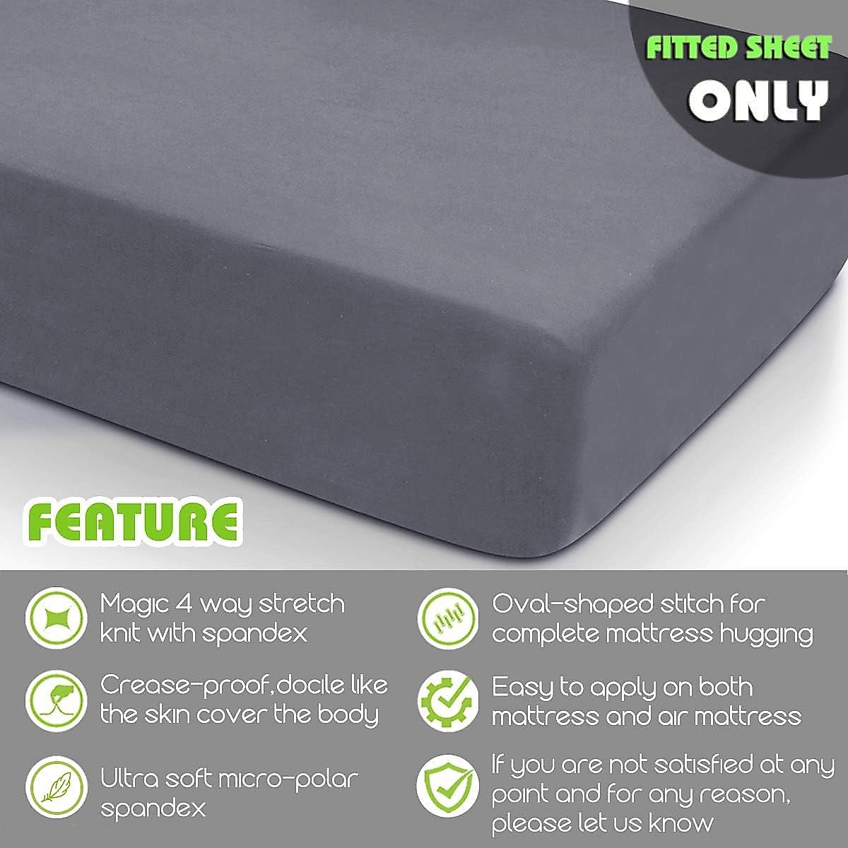 Fitted Sheet- COSMOPLUS Full Fitted Sheet Only（No Flat Sheet or Pillow Shams）,4 Way Stretch Micro-Knit,Snug Fit,Wrinkle Free,for Standard Mattress and Air Bed Mattress from 8” Up to 14”,Gray