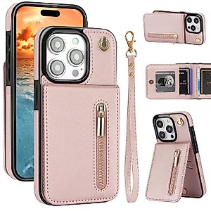 WHBPKJ Case for iPhone 15 Pro Max Wallet with Card Holder,RFID Blocking Protective Cover for Women,PU Leather Lanyard Strap Wristlet Zipper Pocket Kickstand Flip Case-Rose Gold