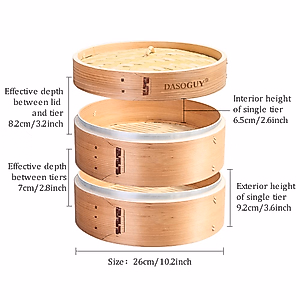 Dasoguy Deepen 10.2 Inch Handmade Wood Steamer with Stainless Steel Rings, 2 Tiers Steam Basket for Dumpling Dim Sum Bun Rice Chinese Food, Present 2 Cotton Liners
