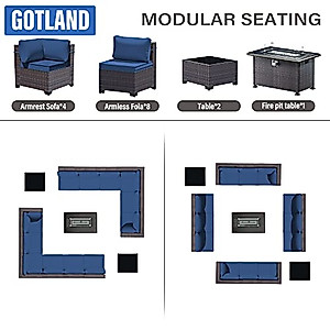 Gotland 15 Piece Outdoor Patio Furniture Set with Gas Fire Pit Table Patio Furniture Sectional Sofa w/43in Propane Fire Pit, 55,000 BTU Auto-Ignition Firepit w/Glass Wind Guard…