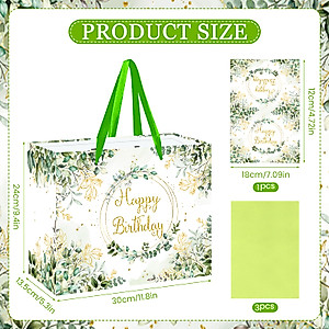 Sage Green Birthday Gift Bag Large Happy Birthday Paper Bags with Tissue Paper and Greeting Cards Eucalyptus Birthday Wrapping Paper Bag Goodie Bags for Girls Boys Birthday Party Decorations Supplies