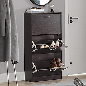 Haotian FSR110-BR, Brown Shoe Cabinet with 3 Flip Drawers, Freestanding Shoe Rack, Shoe Storage Cupboard Organizer Unit