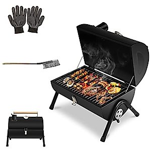 Gardenature Portable Charcoal Grill Mini Small BBQ Grill for Outdoor Cooking Camping and Picnic BBQ Charcoal Grill Set with Glove & Brush - Black