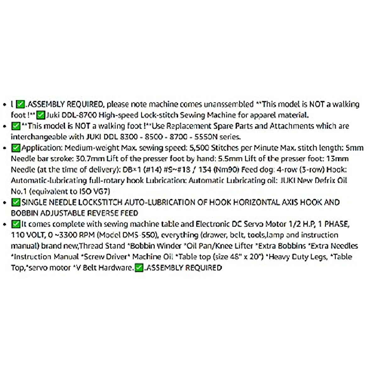 Juki DDL8700 LockStitch Industrial Sewing Machine,Table,Servo Motor,Lamp. Not Assembled