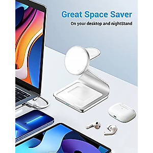 Foscomax 3 in 1 Magnetic Wireless Charging Station, 28W Fast Wireless Mag-Safe Charger Stand with QC3.0 Adapter,for iPhone 14,13,12 Pro Max/Pro/Plus, iWatch Ultra/8/se/7/6/5/4/3/2, AirPods(Silver)