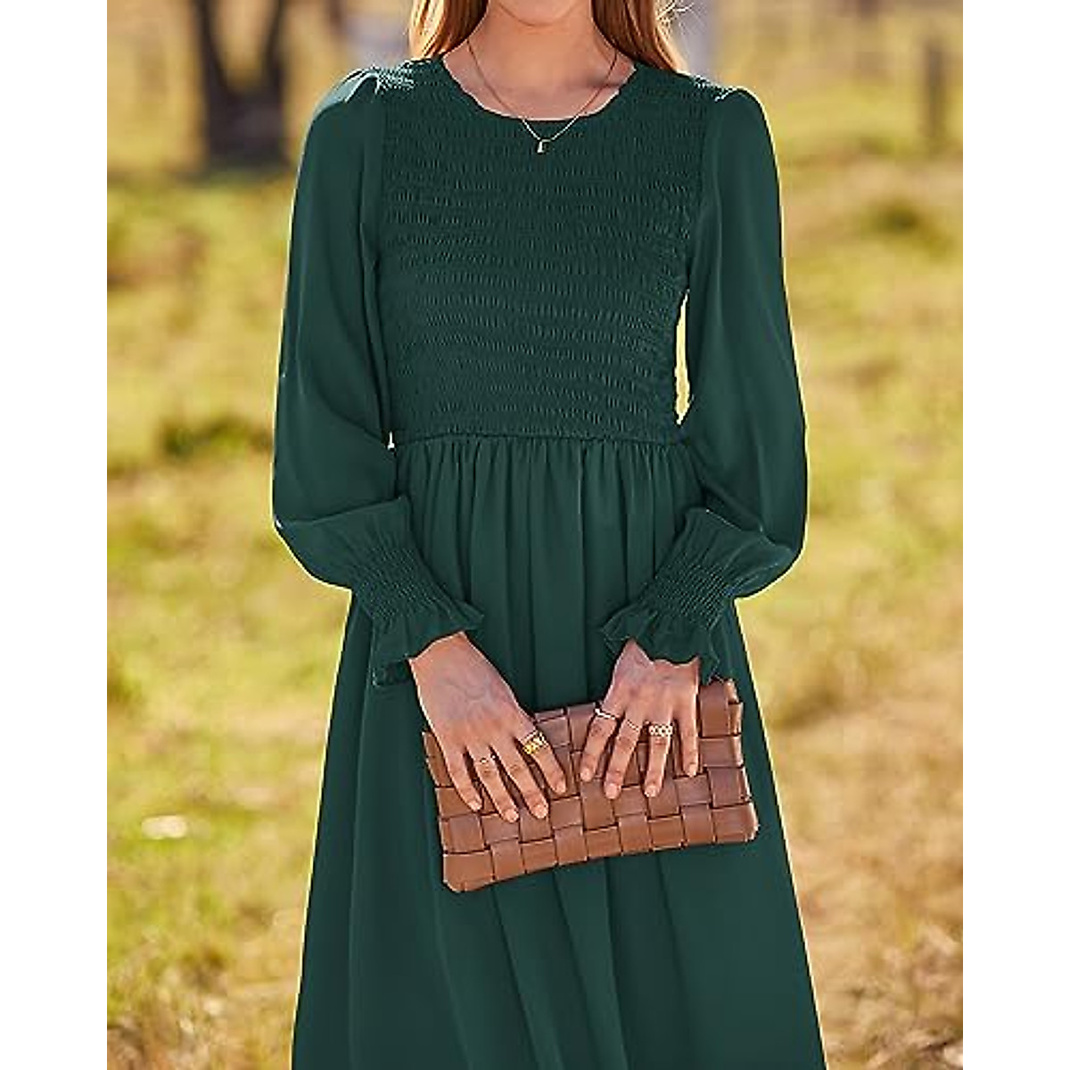 dowerme Women Casual Petal Long Sleeve Crewneck Smocked A-Line Flowy Solid Maxi Dress Fall Winter Party Cocktail Dresses(Solid Dark Green,Small)