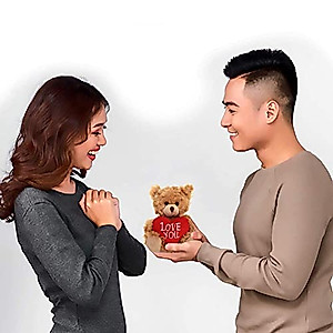 Plushland Stuffed Mocha Heart Bear – Love You- Plush Bear Toy for Kids & Adults - Embroidered Heart Pillow - Brown-6 inches