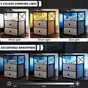 Lvifur LED Nightstand with Charging Station for Bedroom Furniture,3 Color Dimmable Auto Sensor Classical Bedside End Side Table Side Bed Table with 2 Drawers