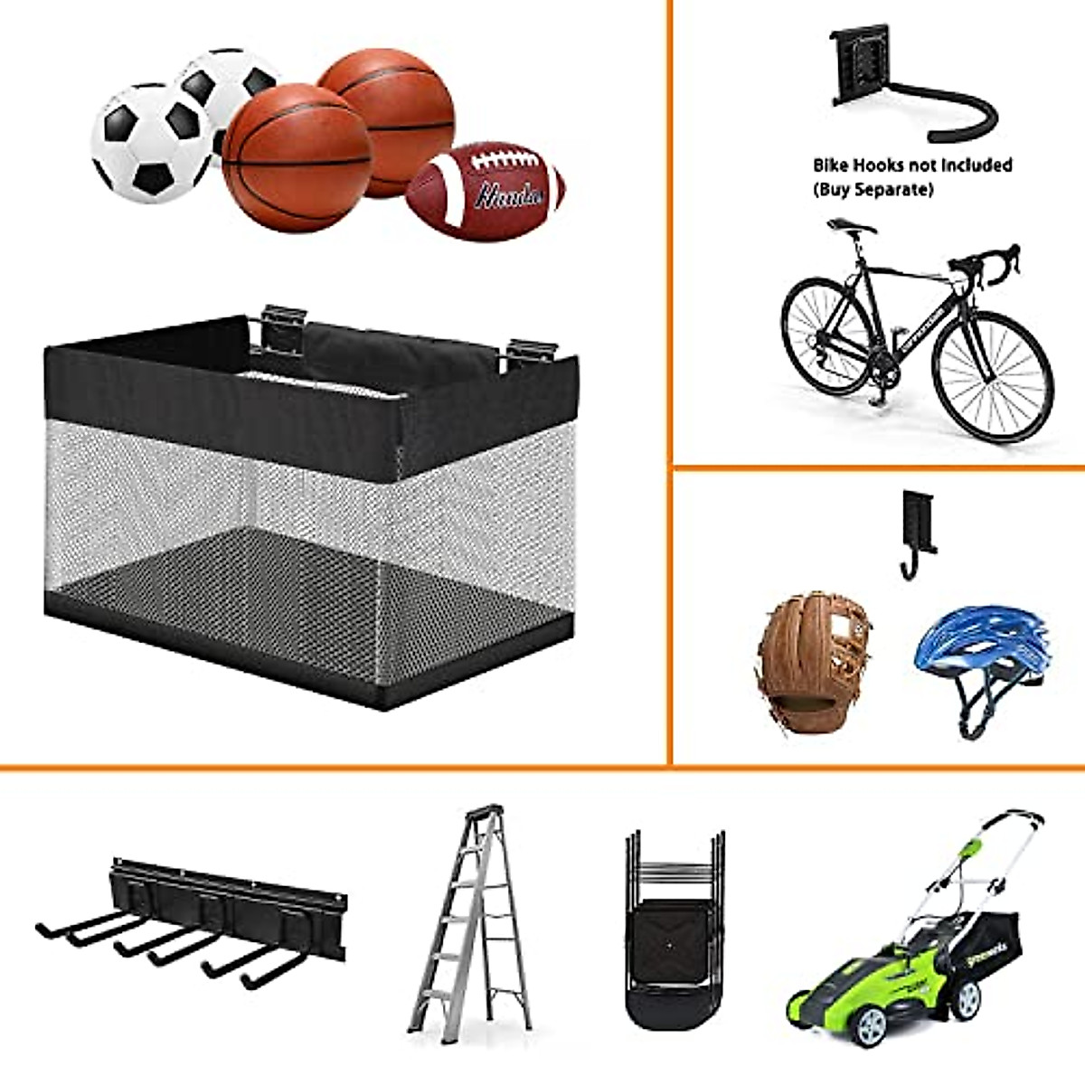 SMARTOLOGY Tool Storage Rack 6 Assorted Hooks Large Mesh Basket Sports Gear, Utilities, Wall Mount Garage Storage Organizer Lawn Gear, Heavy-Duty Gardening Power Tool Rack, Black Wall Rack Combo