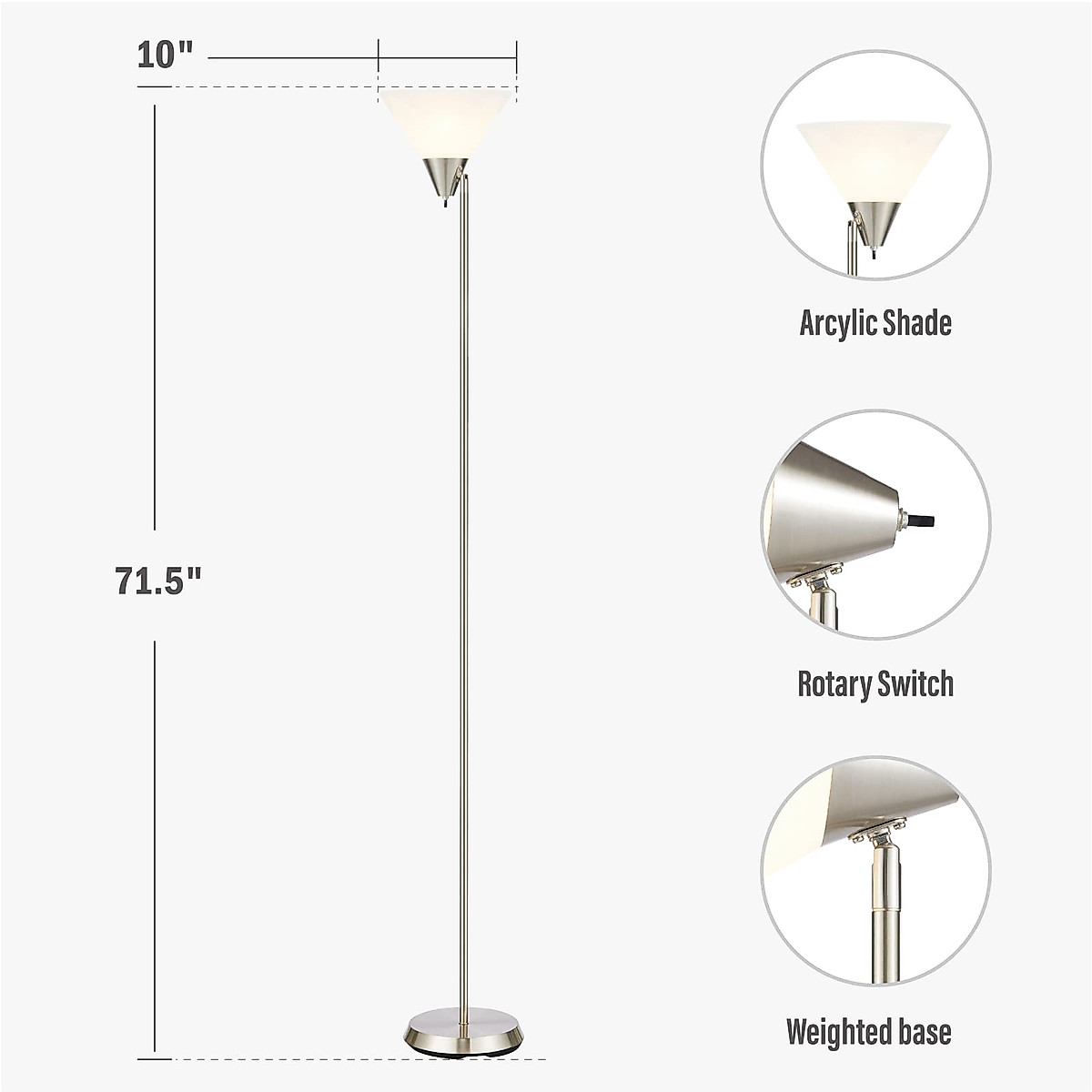 HonoDing Floor Lamp Standing Lamp Adjustable Head Arcylic Shade Floor Lamps for Living Room/Office/Bedroom (Satin Nickel)