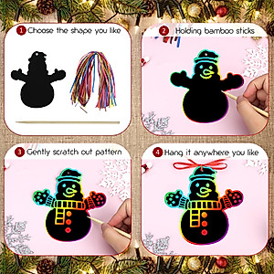 60 Pcs Christmas Scratch Art for Kids, Rainbow Scratch Paper Christmas Crafts for Kids, Scratch Art for Christmas Party Favors Gifts DIY Craft Decoration (60 Papers, 60 Cords and 24 Wood Sticks)