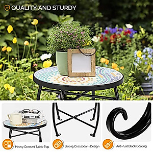 VINGLI Mosaic Accent Table, 14" Round Side Table,End Table, Plant Stand Decor for Patio Porch Beach Theme Balcony Back Deck Pool Indoor Outdoor Coffee, Metal Cobalt Glass Top Black Iron(Blue Hawaii)