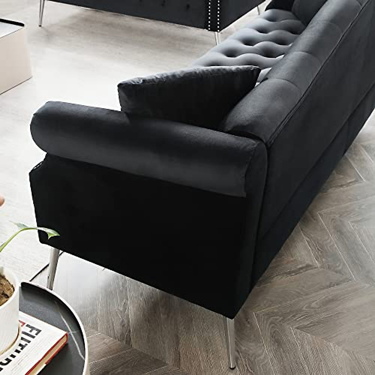 Holaki Chesterfield Velvet Sofa,59.4" Modern Upholstered Classic Button Tufted Nailhead Trimming Loveseat with Rolled Arms,Silver Metal Legs&2 Pillows,Comfortable Velvet Couches for Living Room(Black)