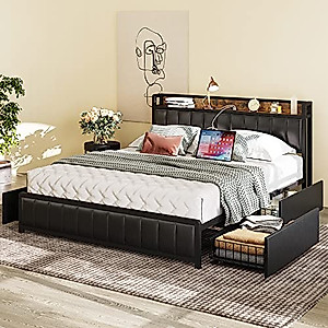 ANCTOR Queen Bed Frame with Storage Drawers Headboard & Footboard, Upholstered Platform Bed with USB Ports & Outlets, No Box Spring Needed