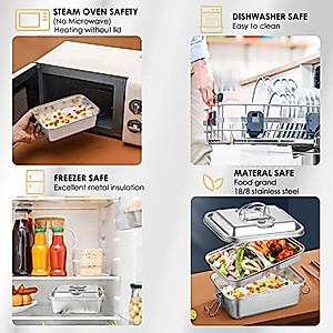SUBRON Stainless Steel Bento Lunch Box for Adults with Secure Locks, 1800ML 3 Compartments 2 Layer Leak Proof Metal Insulated Lunch Food Containers