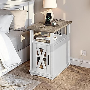 YITAHOME End Table with Charging Station, Narrow Side Table with Storage Adjustable Shelf, Farmhouse Nightstand with Door for Living Room, Bedroom, Grey Wash