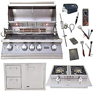 Lion Premium Grills 32-Inch Natural Gas Grill L75000 and Double Side Burner with Lion Door and Drawer Combination Unit with 5 in 1 BBQ Tool Set Best of Backyard Gourmet Package Deal