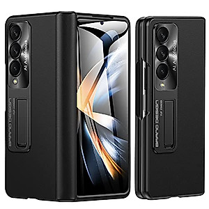 Kaiiecal Leather Galaxy Z Fold 4 Case: Genuine Skin Feeling, Built-in Screen Protector, Kickstand, Hinge Protection, Shockproof Cover - Black