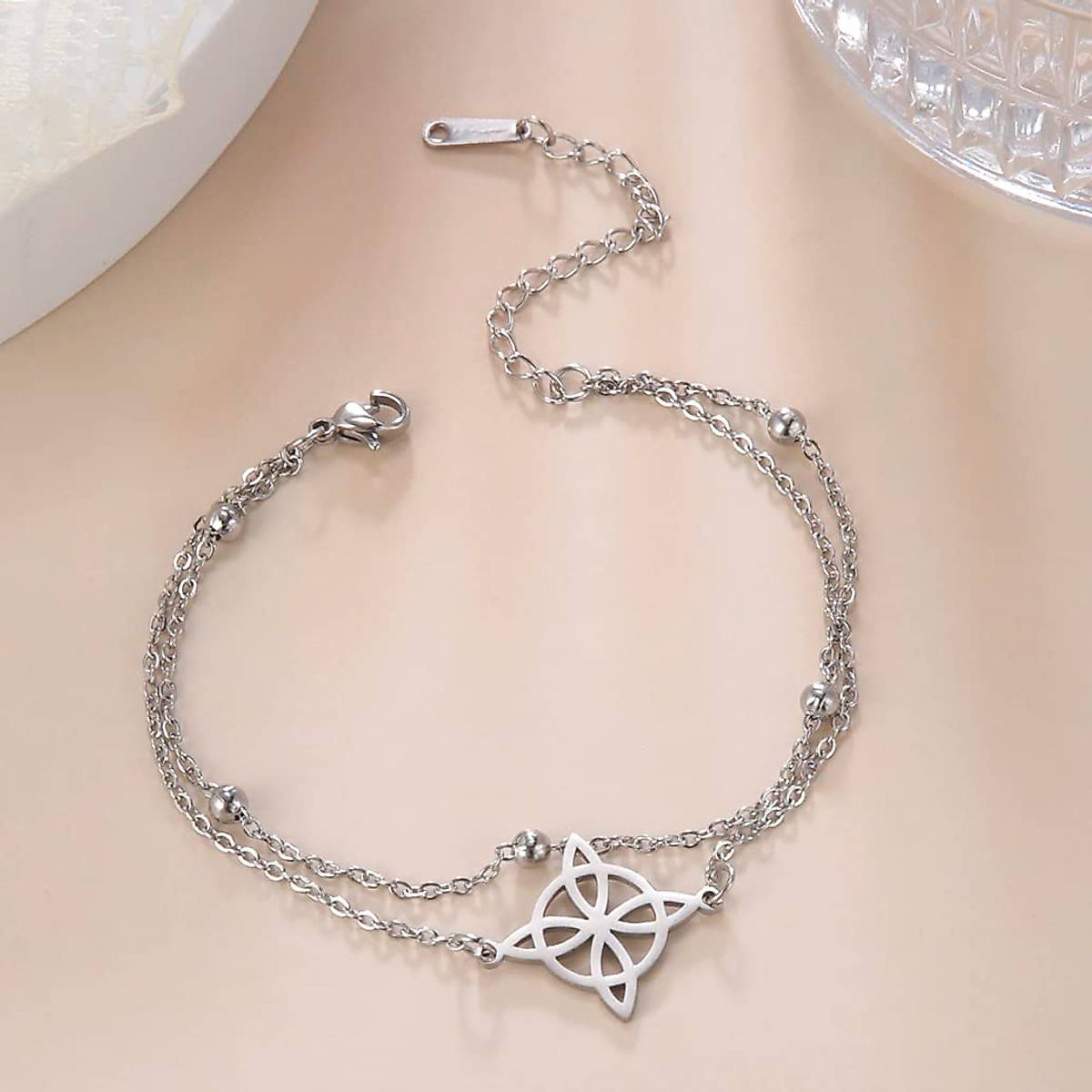 Witches Knot Bracelet For Women Stainless Steel Celtic Knot Wiccan Symbol Layered Bracelet Unique Charm Adjustable Double Layer Bracelet Jewelry Gifts (silver 1, Stainless Steel)