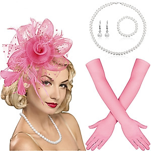 Yaomiao 5 Pcs 1920s Fascinators Feather Headband Pearl Jewelry Gloves for Women Tea Party Halloween Church Derby(Pink)
