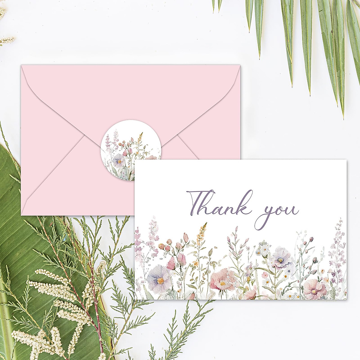 Whaline 24Pcs Wildflower Thank You Cards Bulk Watercolor Pink Flower Greeting Cards with Envelope Sticker Floral Blank Note Cards for Birthday Wedding Baby Shower Bridal Shower, 4 x 6 Inch