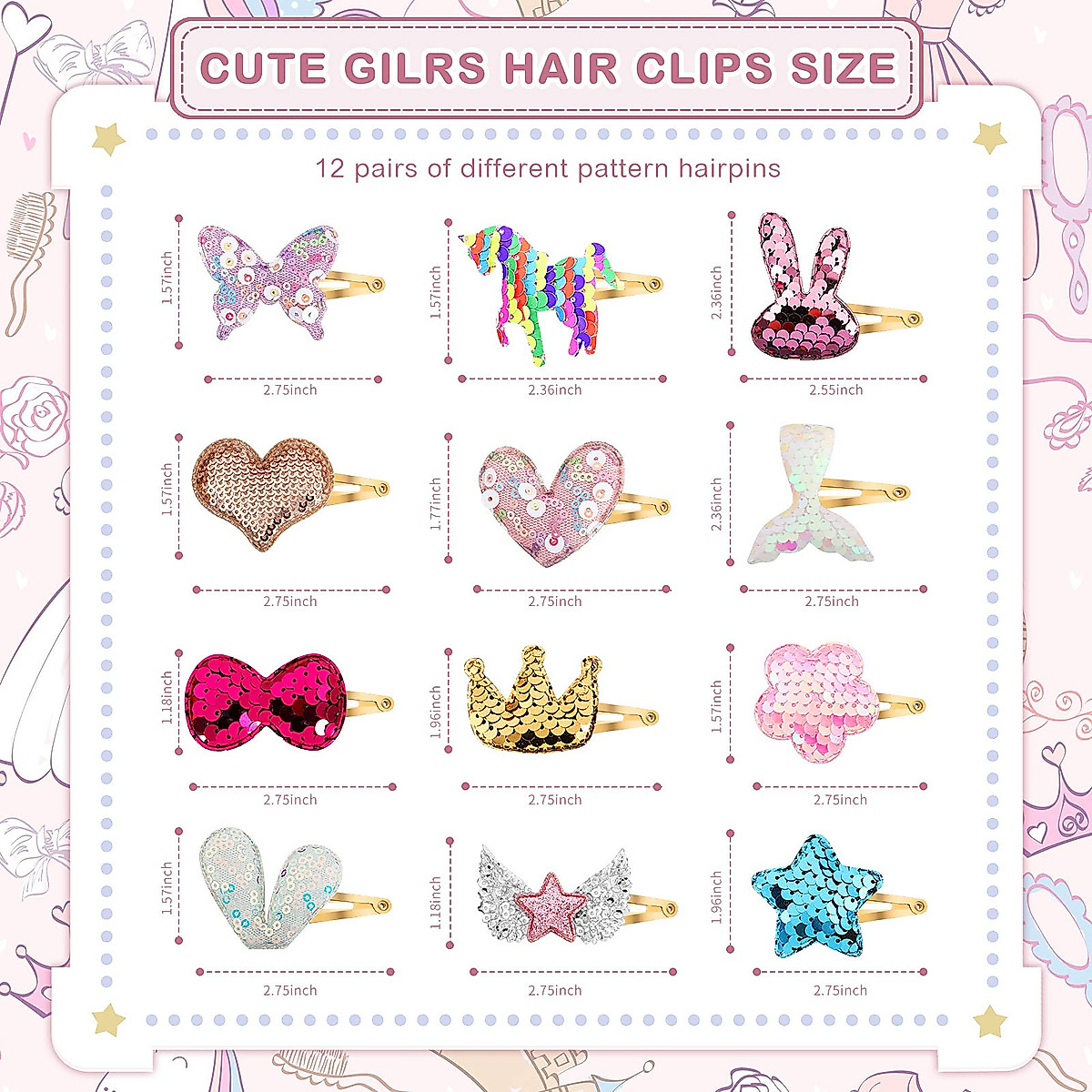 Chuangdi 24 Pieces Hair Clips Shiny Star Crown Heart Butterfly Rabbit Unicorn Shaped Hair Barrettes Cute Hair Clips Metal Snap Hair Pins Glitter Hair Styling Accessories