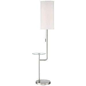 Possini Euro Design Piccolo Modern Floor Lamp with Tray End Table 60 1/2" Tall Brushed Nickel Silver Tempered Glass White Cylinder Shade Decor for Living Room Reading House Bedroom Office