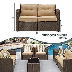 SUNVIVI OUTDOOR Wicker Loveseat Patio Furniture Corner Sofa, 2-Piece All-Weather Wicker Rattan Outdoor Sectional Couch Sofa Set with Brown Non-Slip Cushions, Aluminum Frame（Brown/Beige）