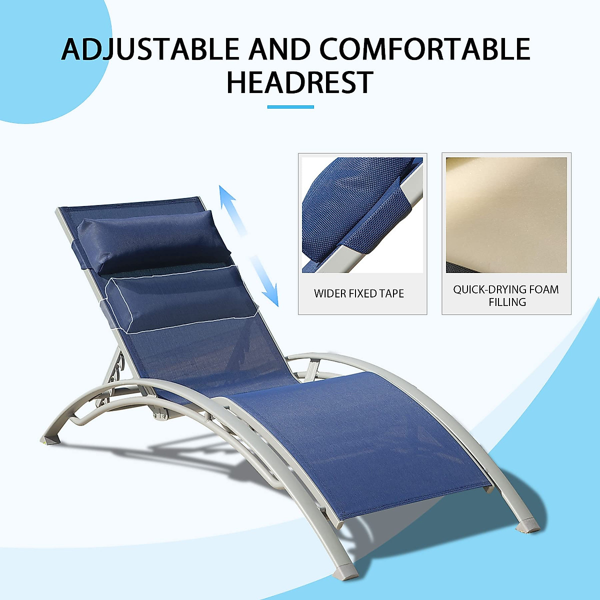 Domi Pool Lounge Chairs Set of 3, Adjustable Aluminum Outdoor Chaise Lounge Chairs with Metal Side Table, All Weather for Deck Lawn Poolside Backyard -Navy Blue Textilene