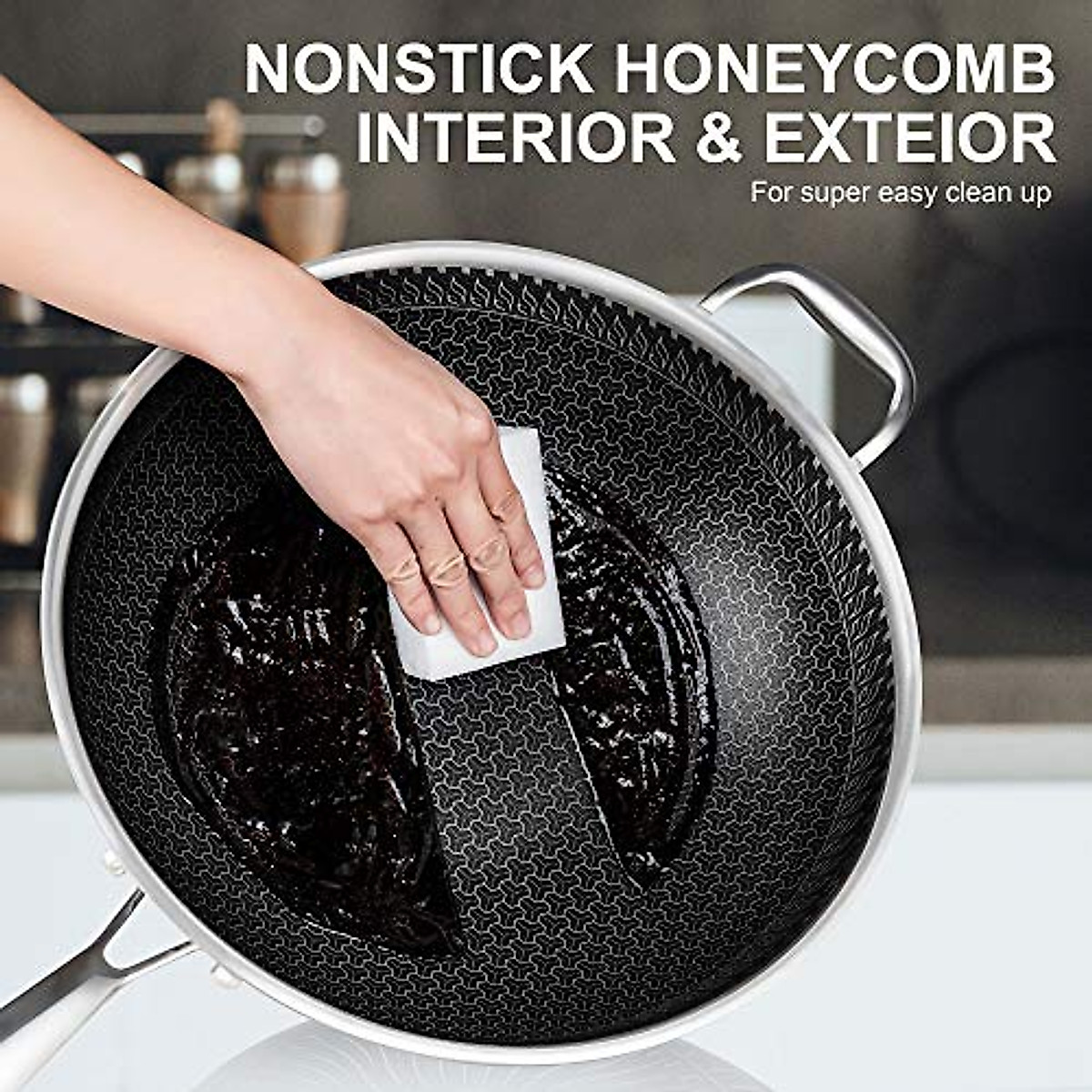 MICHELANGELO Wok Pan with Lid, 12.5 Inch Stainless Steel Wok with Lid, Woks & Stir-fry Pans with Honeycomb Coating, Nonstick Wok Flat Bottom, Induction Wok Pan