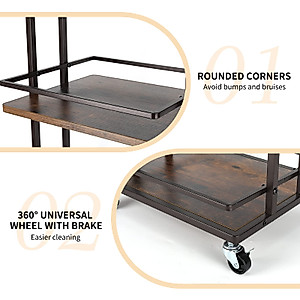 Feemiyo 3-Tier Bar Cart, Serving Bar Cart for Home with Large Storage Space, Made of Wood and Metal with Wheels，Multifunctional cart Suitable for Home Bars, Kitchens, Living Rooms, and bedrooms (Wood)