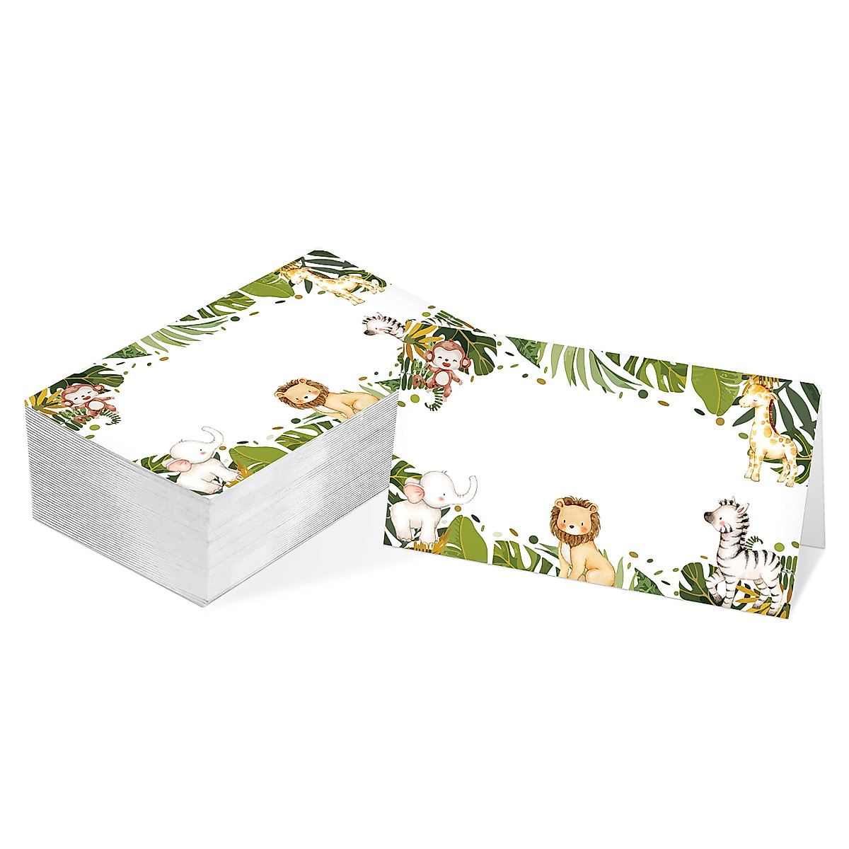 Table Place Card, Jungle Safari Animals Themed Tent Style Cards, Pack of 25 Half-Fold Reception Place Card, Wild Animal Food Labels, Perfect for Baby Shower, Birthday Party C04