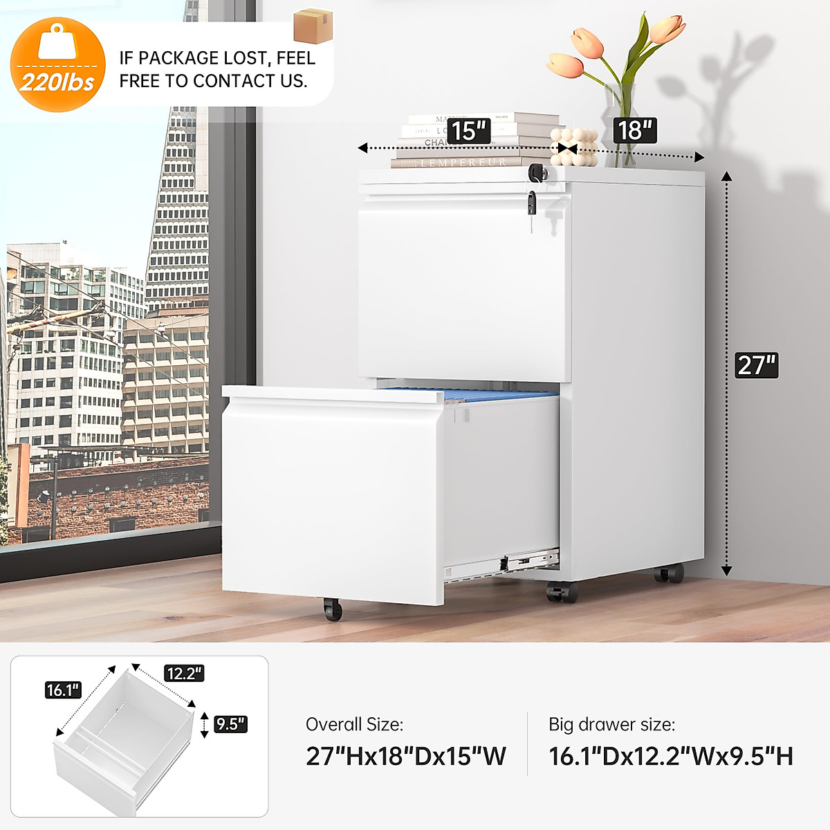 INTERGREAT 2 Drawer File Cabinet, Assembled Metal Filling Cabinet with Lock, Locking Office Mobile Cabinet with Wheels for Legal/Letter Size, Under Desk, White