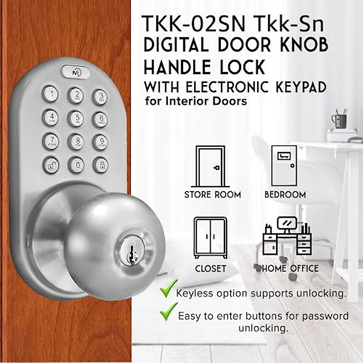 MiLocks TKK-02SN Tkk-Sn Digital Door Knob Handle Lock with Electronic Keypad - Keyless Entry Smart Door Lock with Adjustable Latch Locks, Audible Tones for Interior Front Doors & More, Satin Nickel