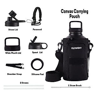 64 oz Water Bottle Stainless Steel with Straws & 3 Lids, Double Wall Vacuum Insulated Half Gallon Water Bottle with Sleeve & Carry Pouch, 64oz Leak Proof Metal Thermos Water Jug for Sport Camping