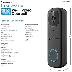Amcrest 4MP Video Doorbell Camera Pro, Outdoor Smart Home 2.4GHz and 5GHz Wireless WiFi Doorbell Camera, Micro SD Card, AI Human Detection, IP65 Weatherproof, 2-Way Audio, 164º Wide-Angle Wi-Fi AD410