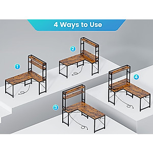 SEDETA L Shaped Desk with Hutch, 45.3” Reversible Home Office Desk, L Shaped Gaming Desk with LED Lights, Power Outlet, Storage Shelves and Hooks for Small Space, Rustic Brown
