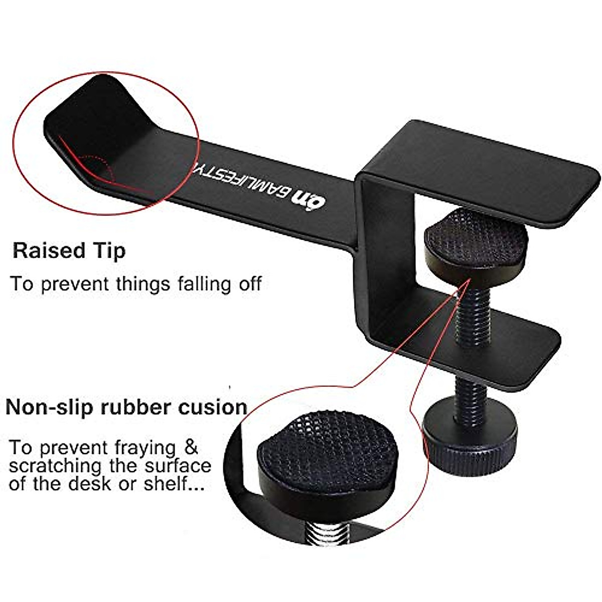 6amLifestyle Headphone Headset Holder Hanger, Universal Metal Gaming Headphones Stand Mount Under Desk Hook Clip with Adjustable Clamp for All Headsets, Black（Patented）