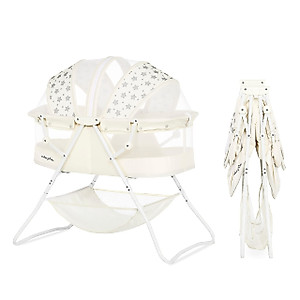 Dream On Me Karley Bassinet in French White, Lightweight Portable Baby Bassinet, Quick Fold and Easy to Carry , Adjustable Double Canopy, Indoor and Outdoor Bassinet with Large Storage Basket.