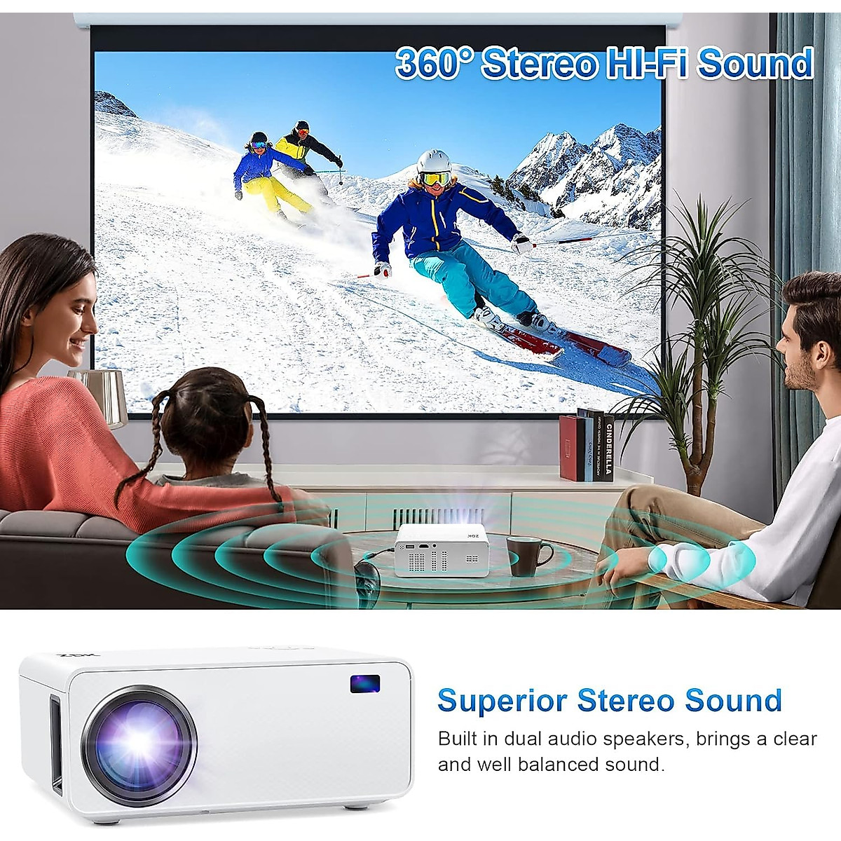 Mini Projector With Wifi 1080P Full HD Projector, ZDK 12000L Portable Outdoor Movie Projector 4K Supported Home Theater, Compatible with iOS/Android Phone/Laptop/PC/TV Stick/HDMI/USB/AV/PS5