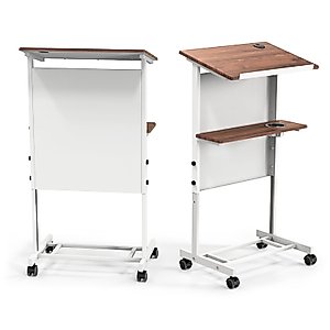 VINGLI Portable Podium Stand, Height Adjustable Lectern Podium with Shelf for Reports, Mobile Stand Up Lectern, Rolling Pulpits for Church with Edge Stopper (White/Brown, 24'' Wide)