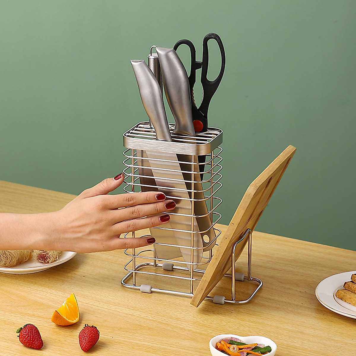 Hemoton Stainless Steel Knife and Cutting Board Stand, Knife Block Holder, Kitchen Knife Holder Storage Organizer, Kitchen Utensils Holder, Cutting Board Rack, Pot Pan Lid Holder for Counter, Cabinet