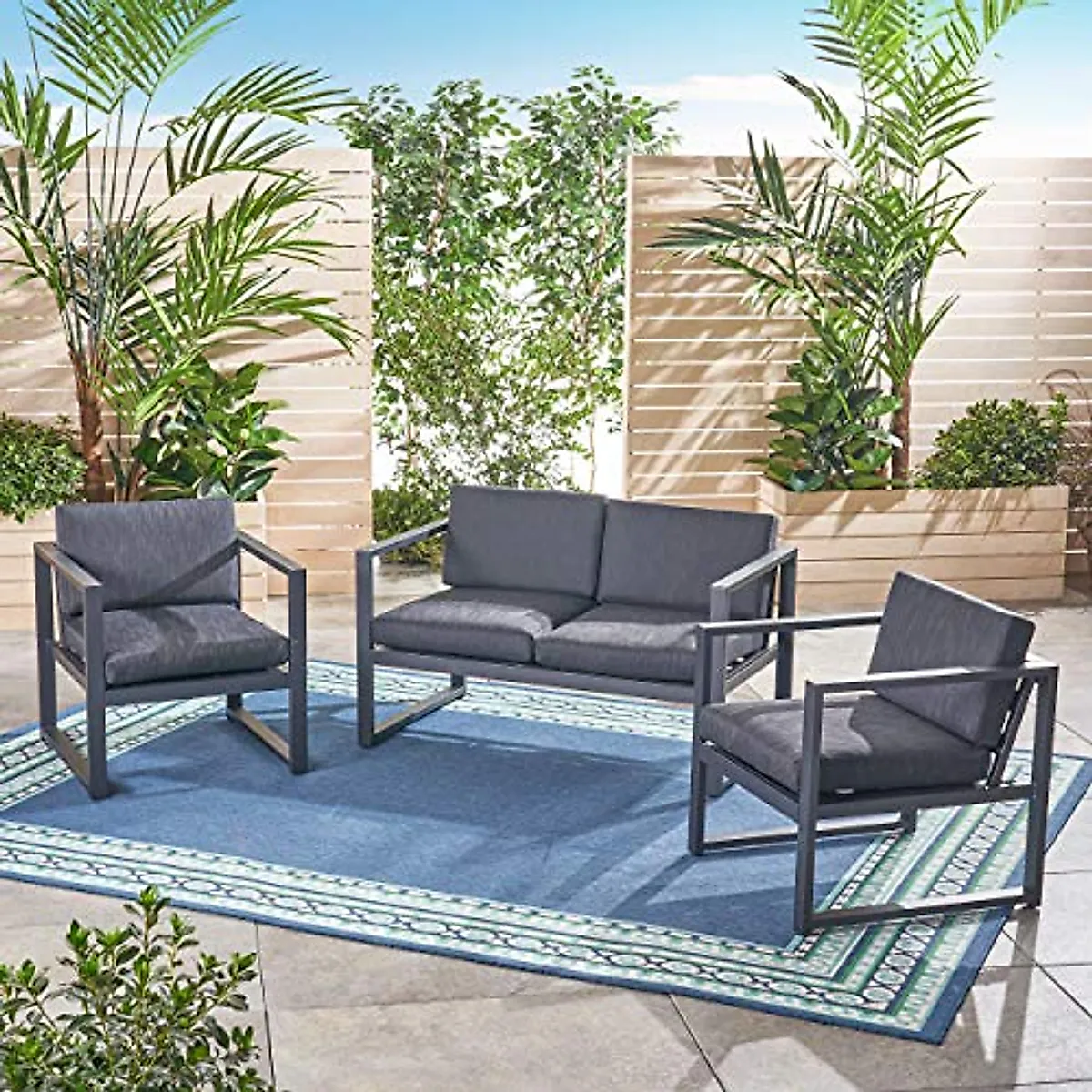 Christopher Knight Home Navan Outdoor 4-Seater Aluminum Chat Set, Silver / Dark Grey Cushions