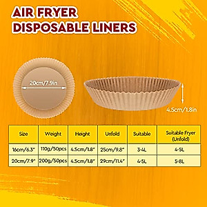 Air Fryer Disposable Paper Liner,Air Fryer Parchment Paper Liners Non-Stick Disposable,Air Fryer Filters Oil-Proof Water-Proof (50pcs-7.9inch, Natural)